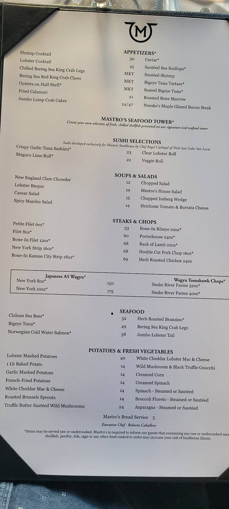 Menu at Mastro's Ocean Club, Scottsdale