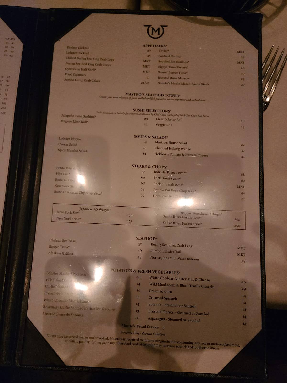 Menu at Mastro's Ocean Club, Scottsdale