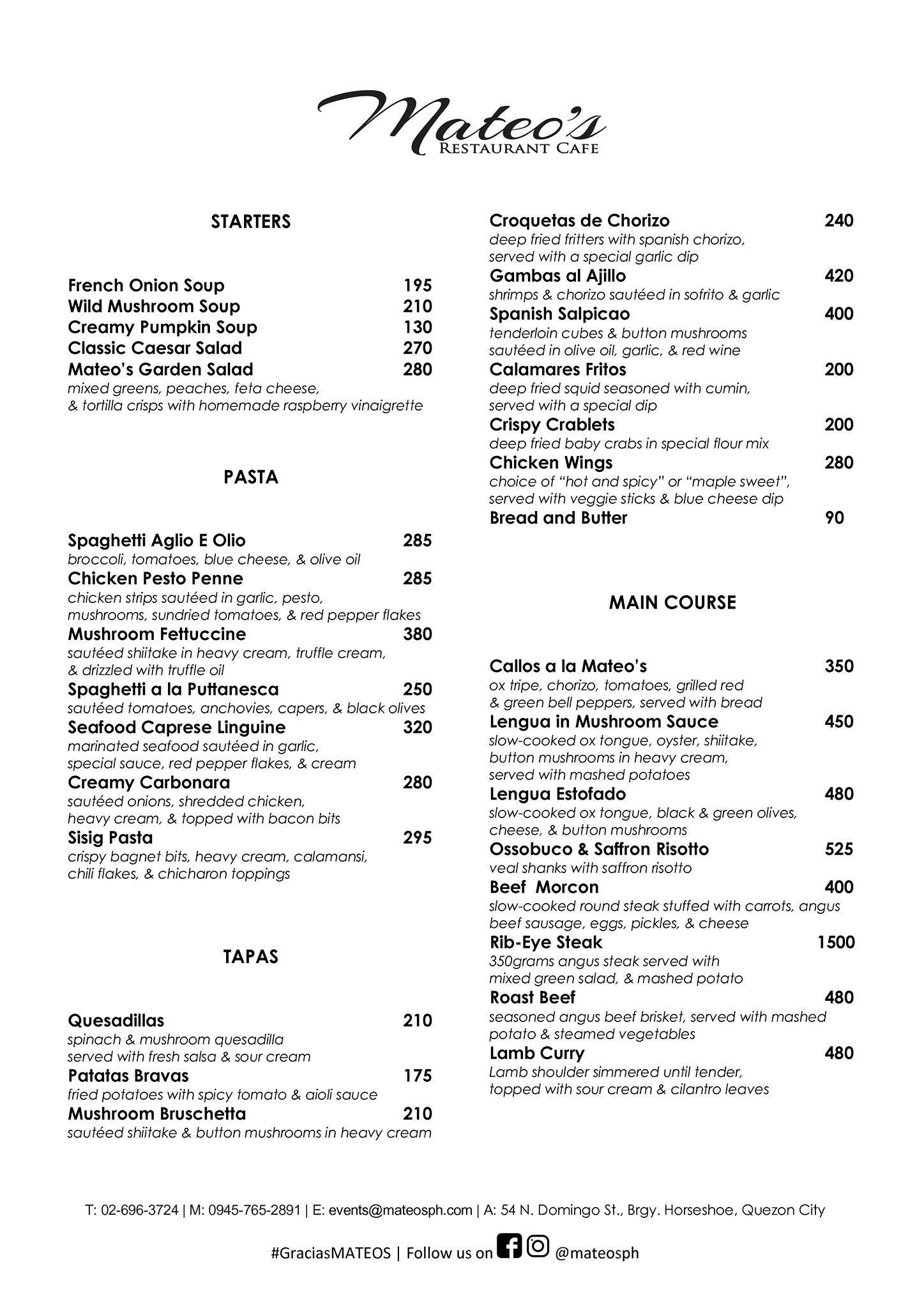 Menu at Mateo’s cafe, Quezon City