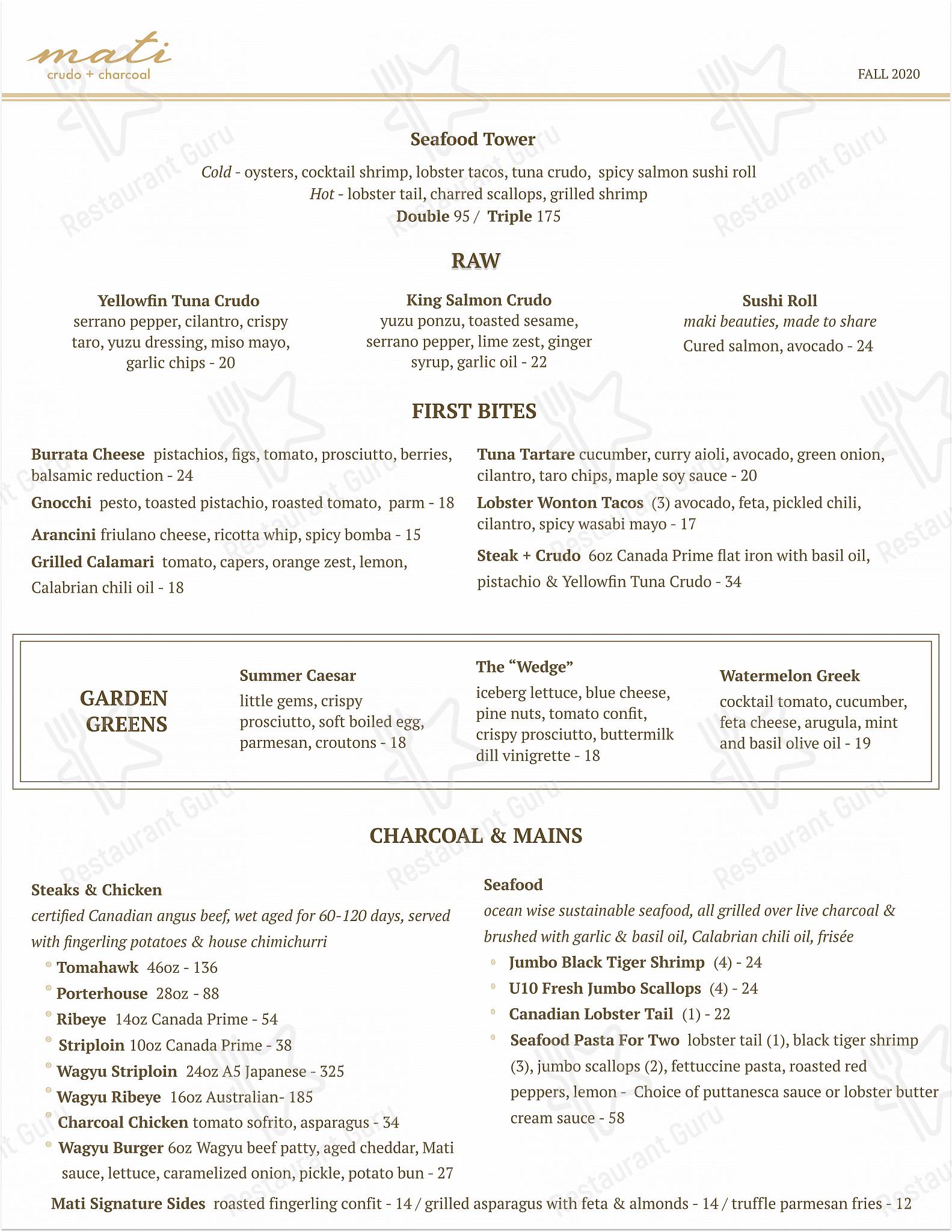 Menu at Mati restaurant, Ottawa
