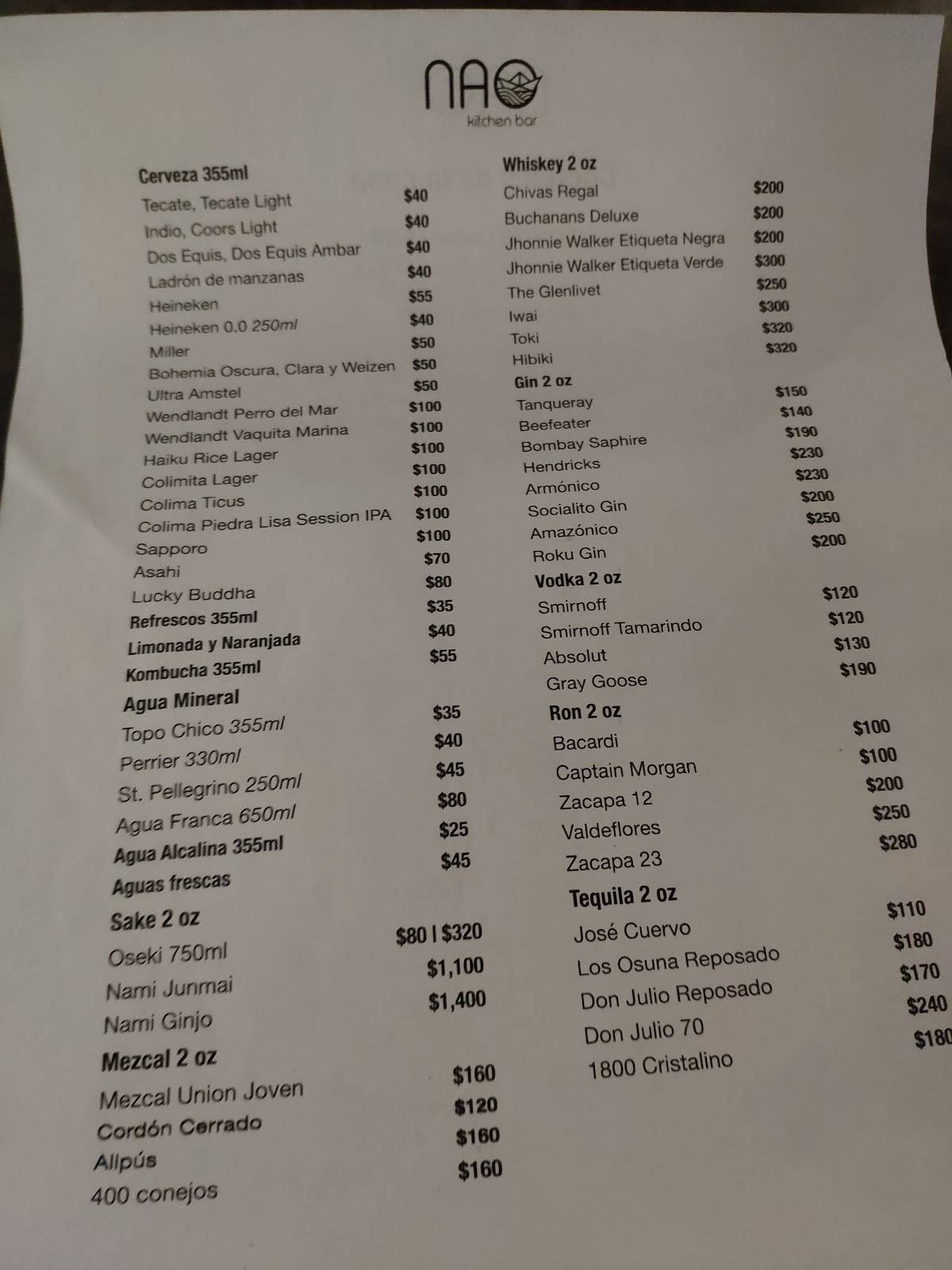 Menu at Nao Kitchen Bar, Mazatlán