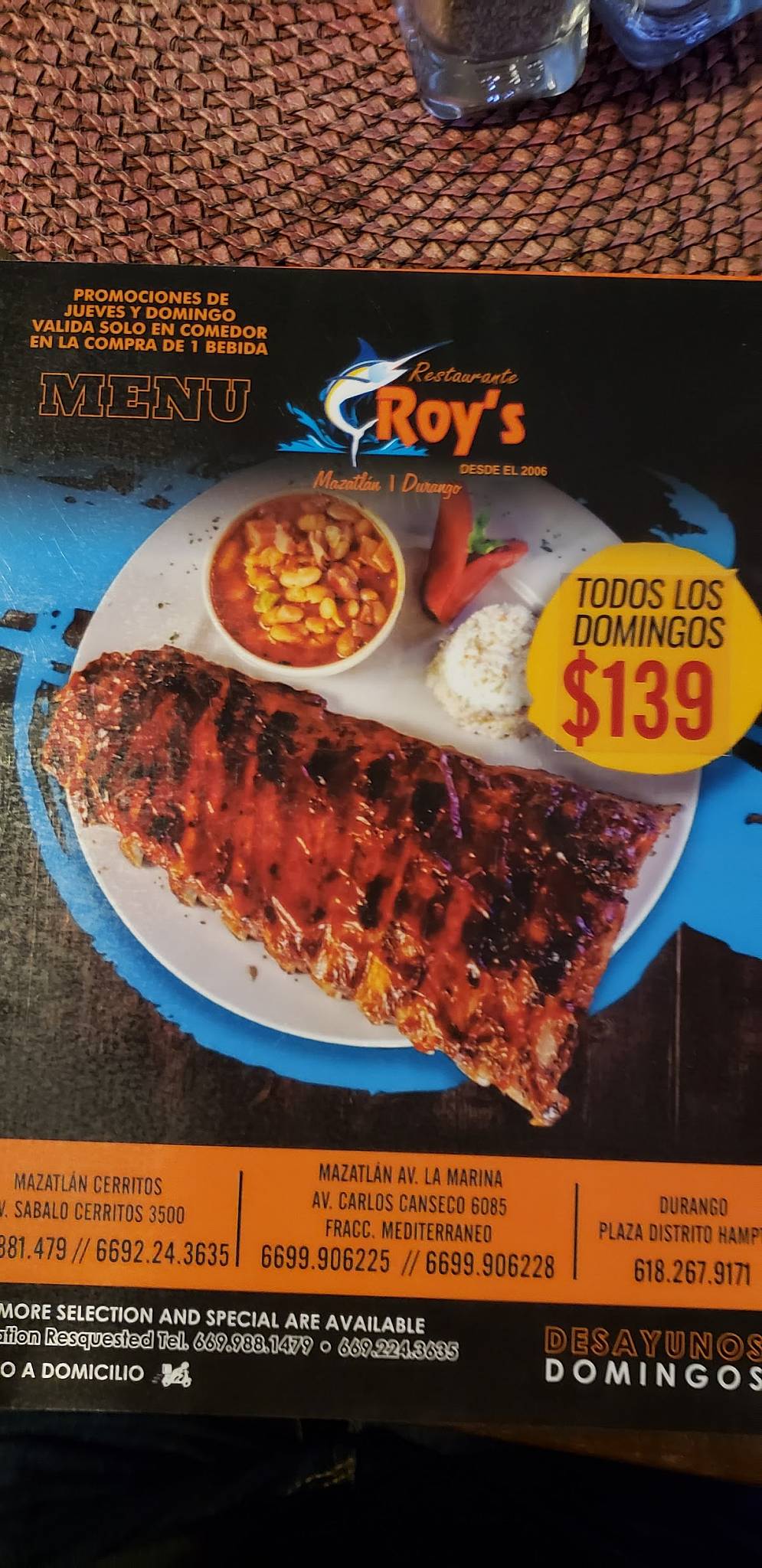 Menu at Roy's restaurant, Mazatlán