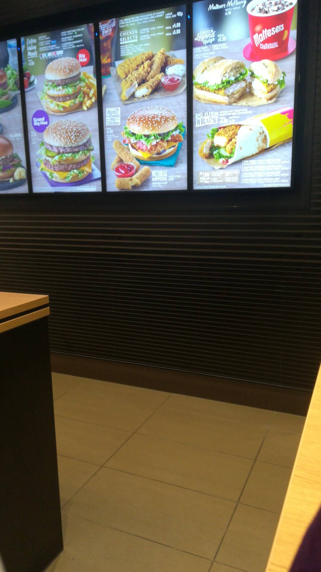 Menu at McDonald's restaurant, Boldon Colliery, Boldon Leisure Park