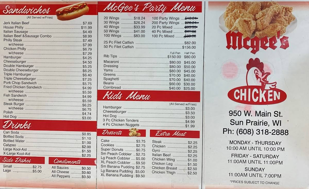 Menu at McGee’s Chicken restaurant, Sun Prairie