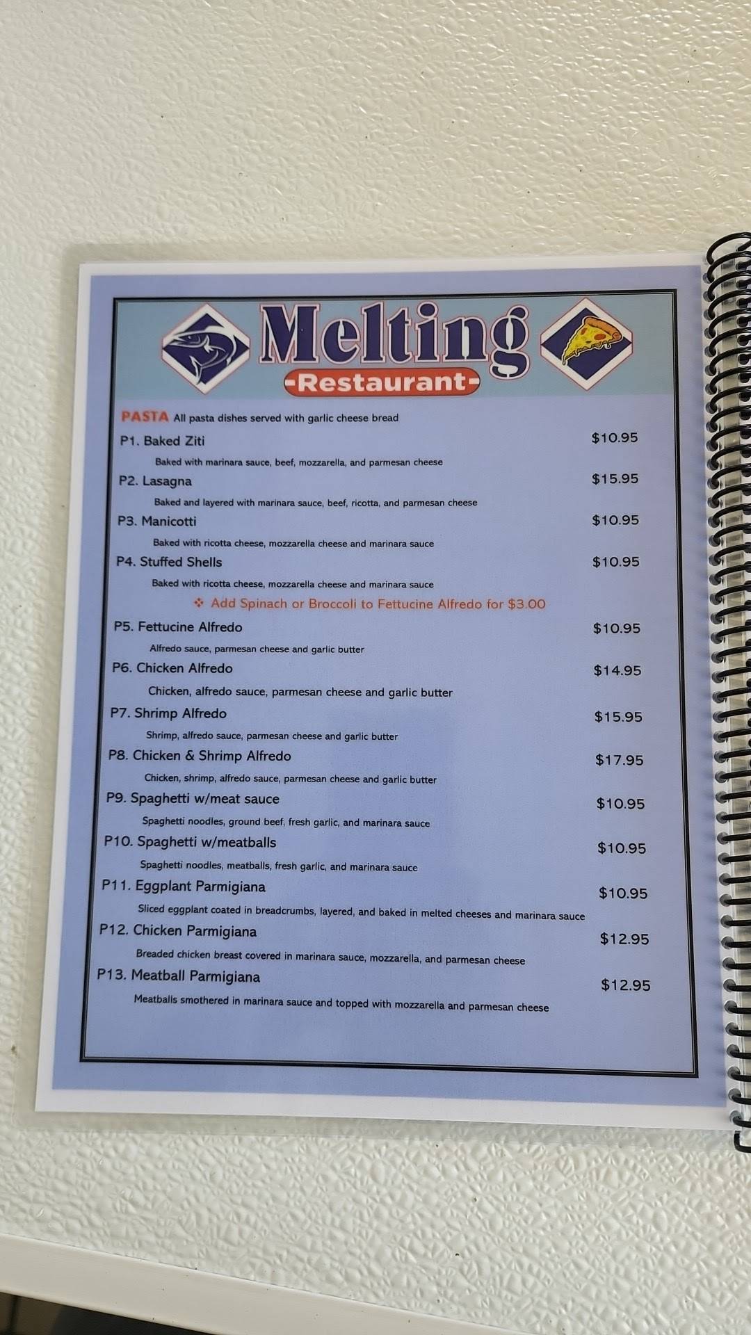 Menu at Melting Restaurant, Georgetown