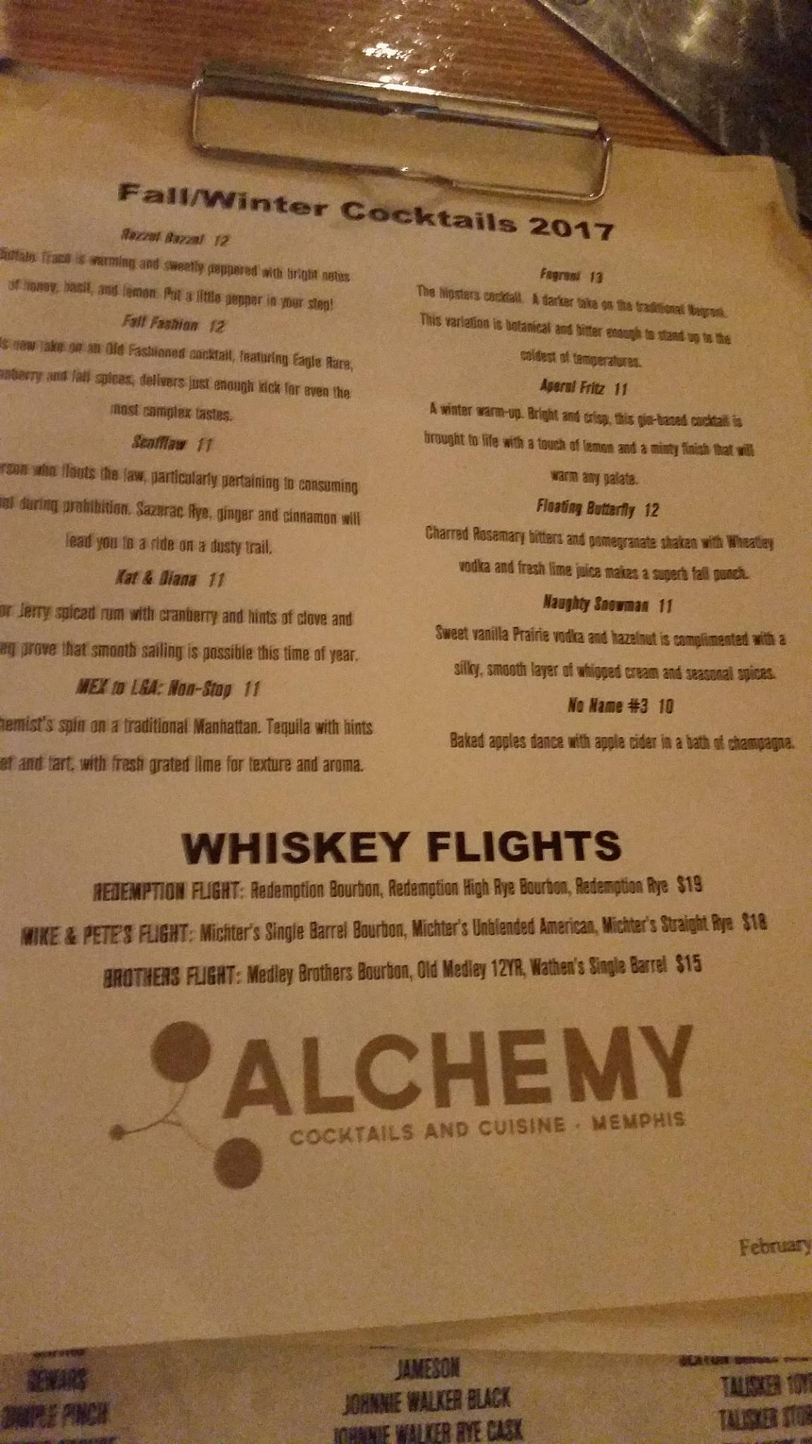 Menu at Alchemy Memphis pub & bar, Memphis