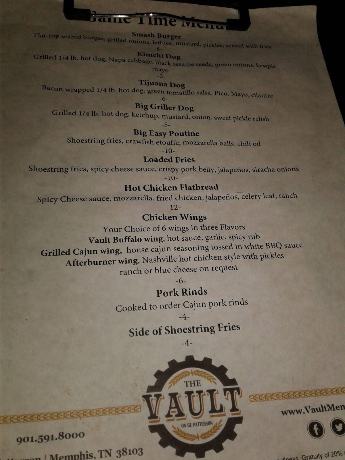Menu at The Vault pub & bar, Memphis