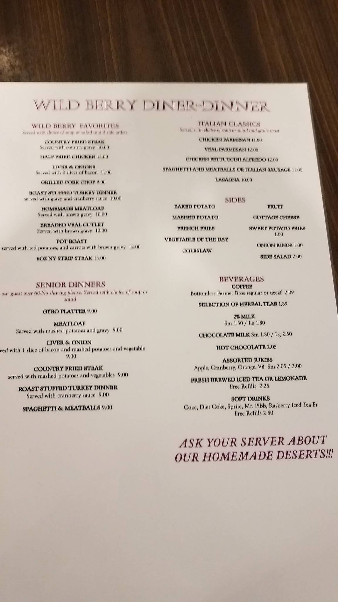 Menu at Wild Berry Diner restaurant, Mesa