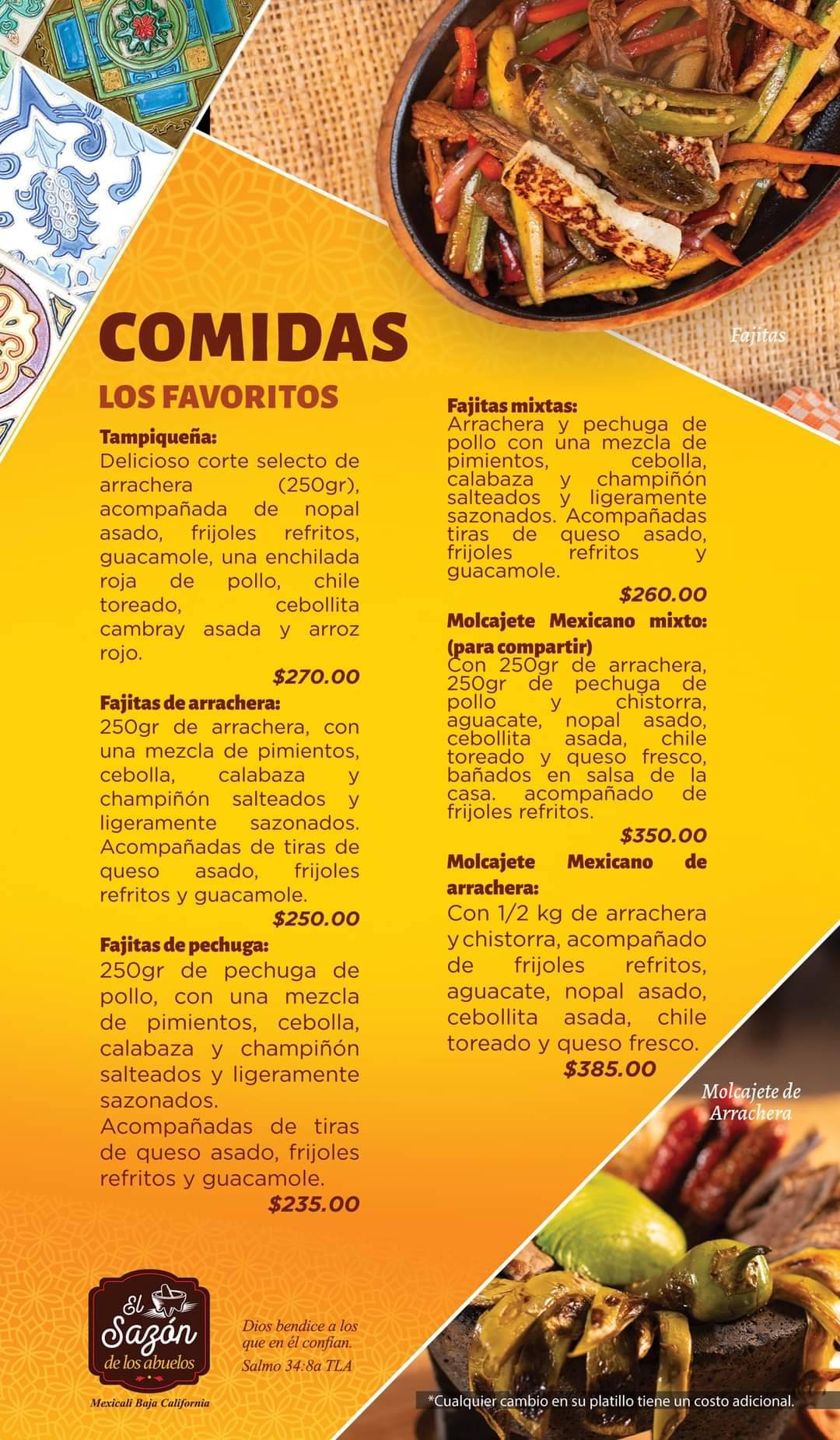 Carta del restaurante El Sazón del los Abuelos Mexicali, Mexicali