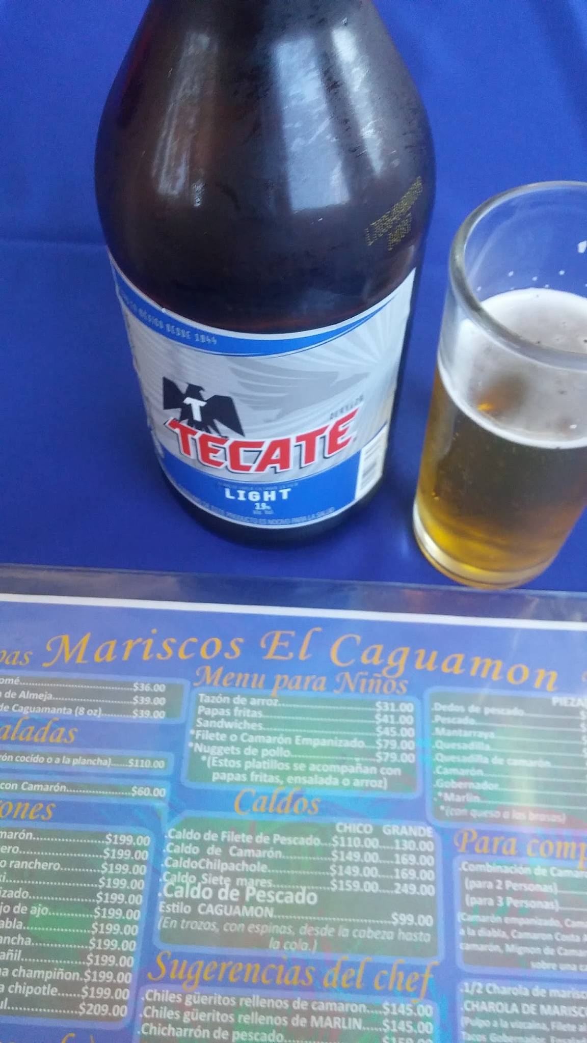 Menu at Mariscos El Caguamón restaurant, Mexicali