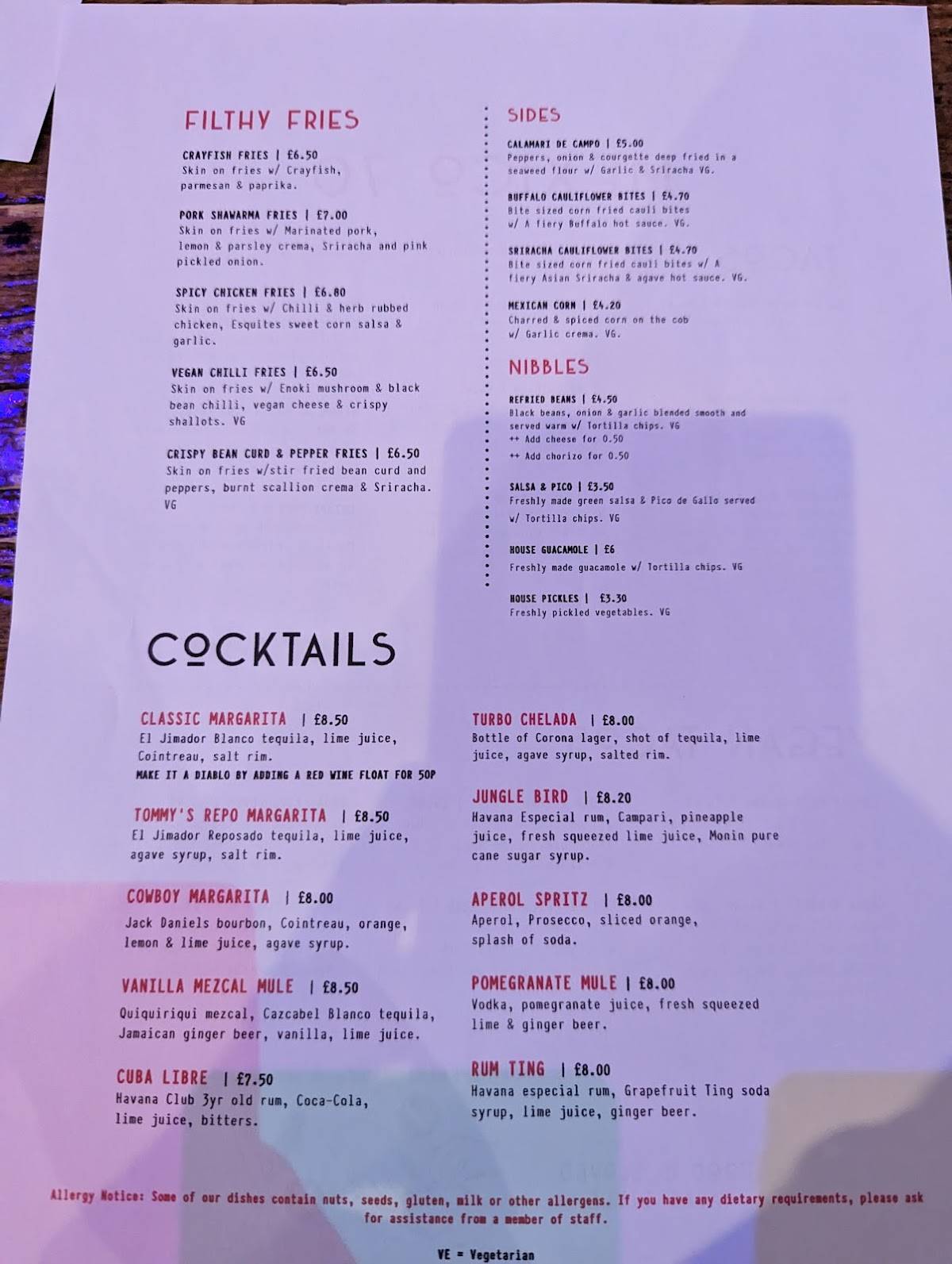 Menu at Mexico 70 restaurant, Sunderland