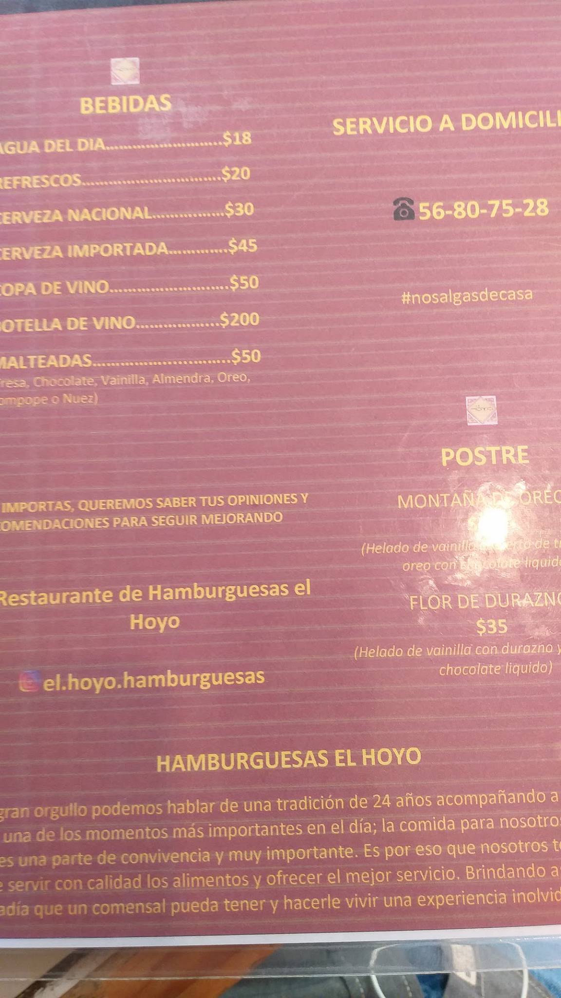 Carta del restaurante EL HOYO HAMBURGUESAS, Ciudad del México