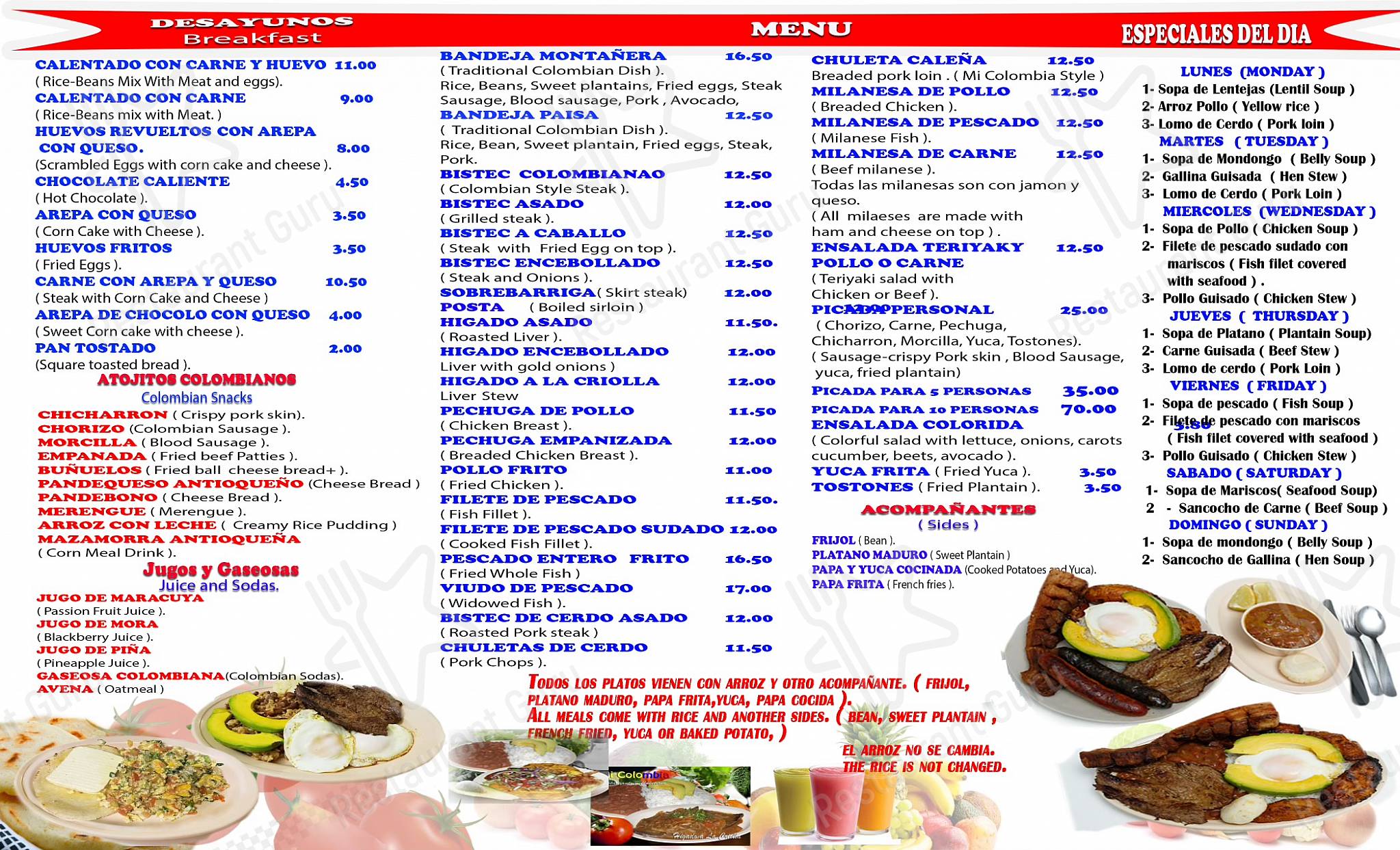 Menu at Mi Colombia cafeteria Miami Beach, Miami Beach