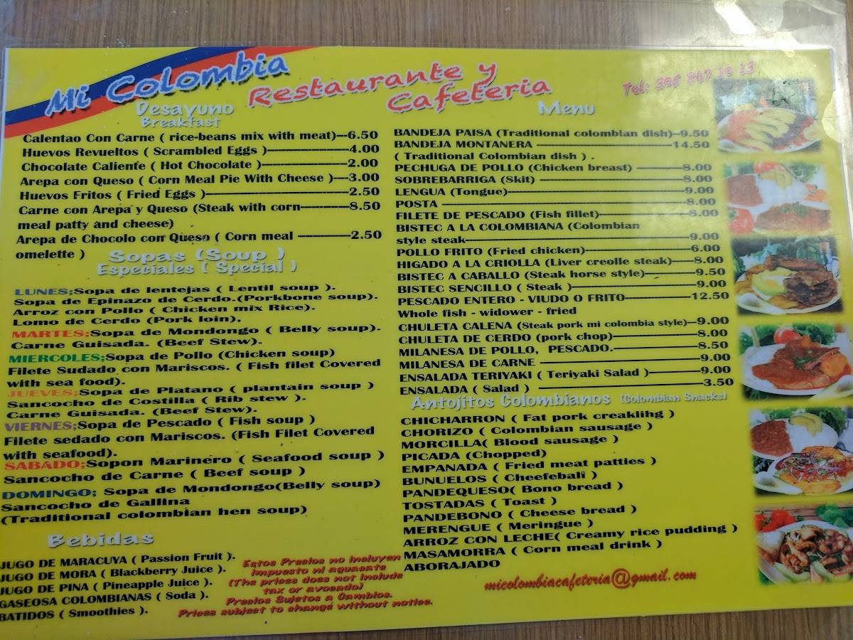 Menu at Mi Colombia cafeteria Miami Beach, Miami Beach