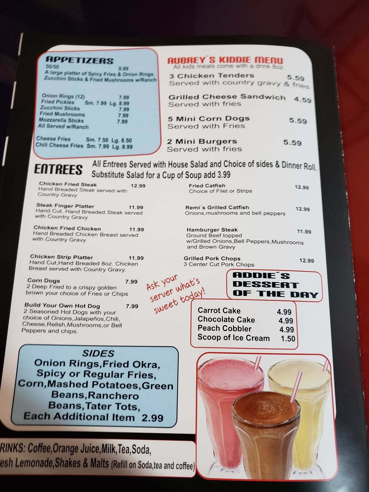 Menu at Addie's Diner restaurant, Midland