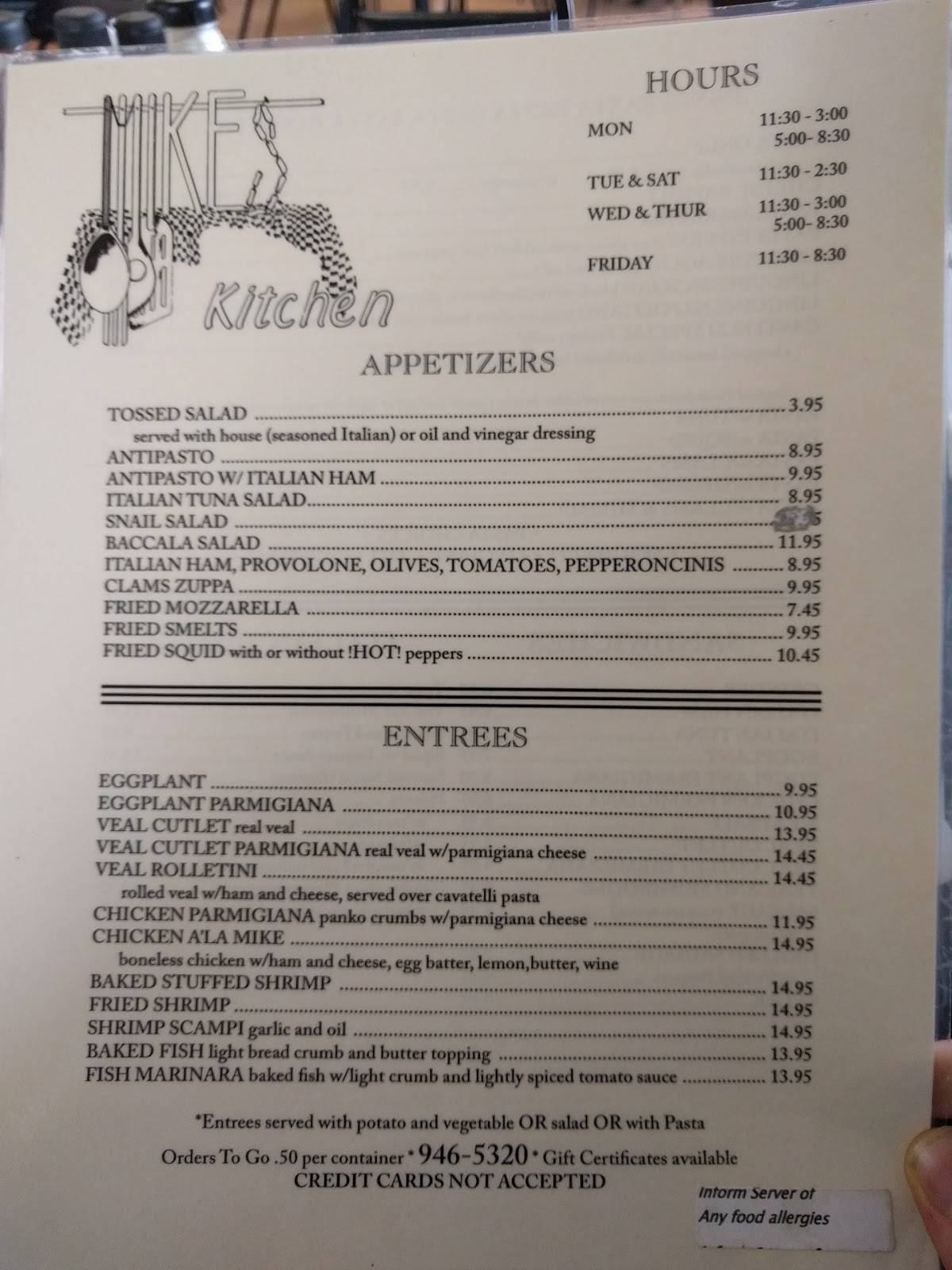 Menu at Mike's Kitchen restaurant, Cranston