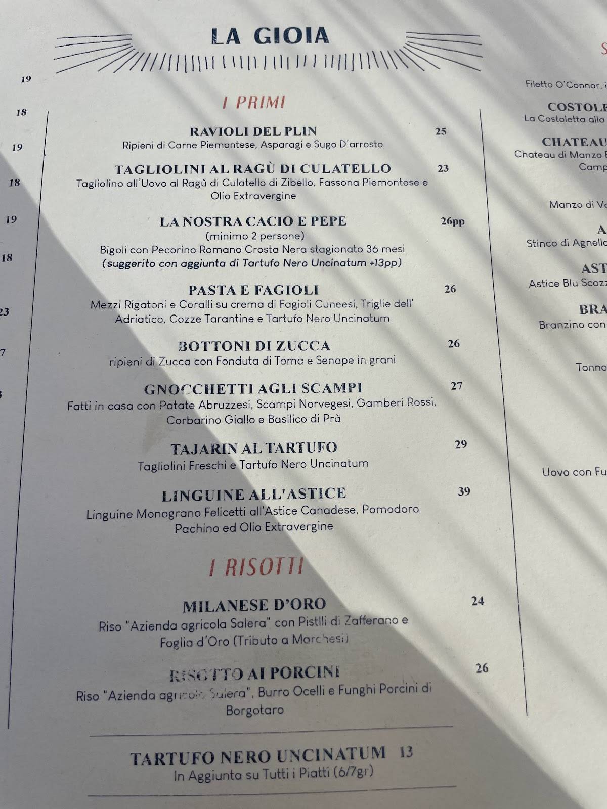 Carta del restaurante La Gioia, Milan