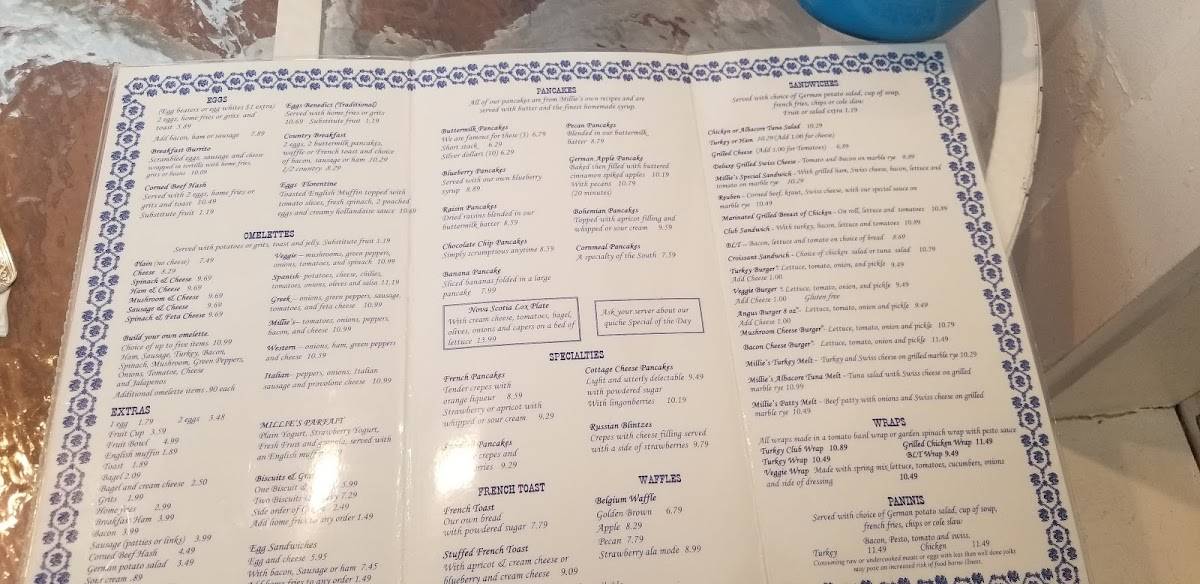 Menu at Millie's fast food, Sarasota