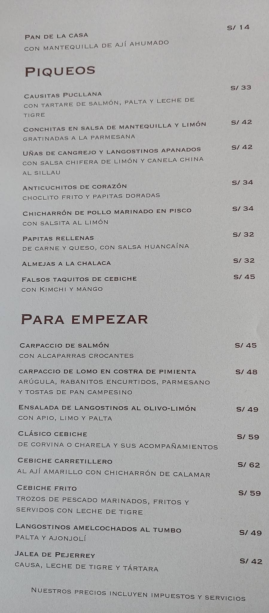 Menu at Restaurant Huaca Pucllana, Lima