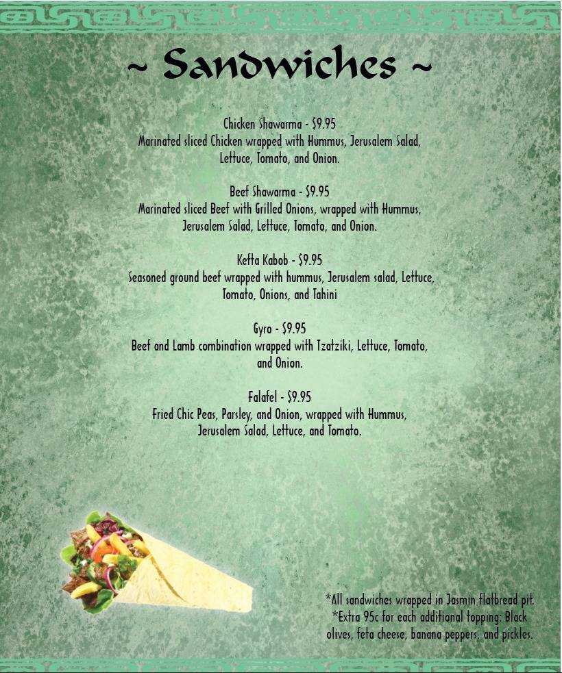 Menu at Mirage Mediterranean restaurant, Louisville