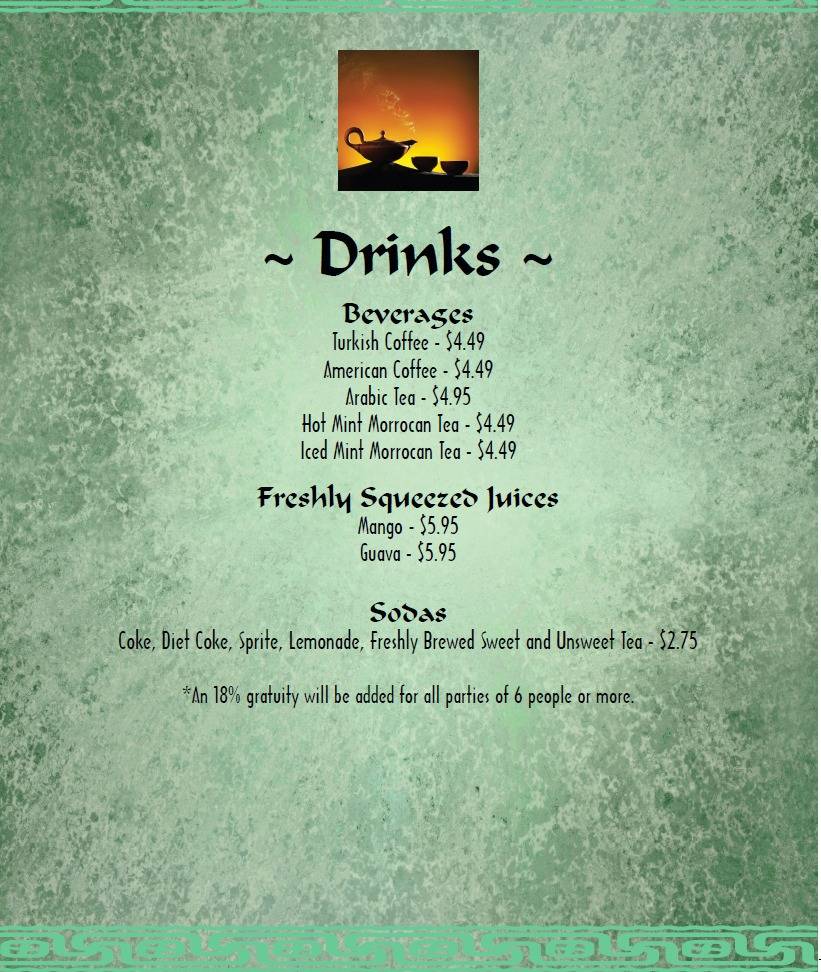 Menu at Mirage Mediterranean restaurant, Louisville