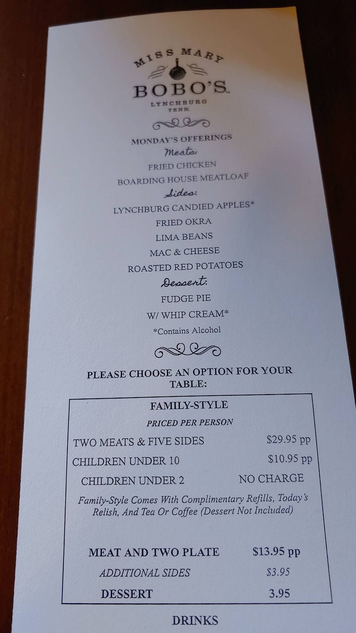 Menu at Miss Mary Bobo's Restaurant, Lynchburg