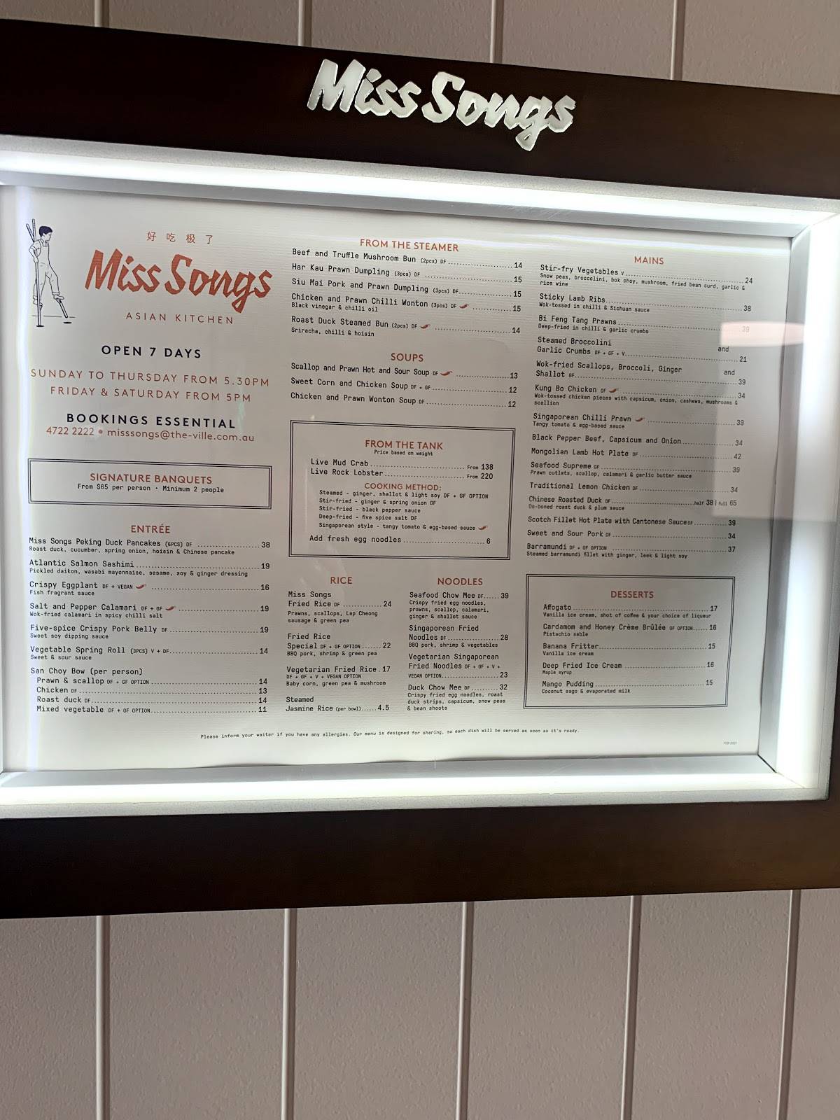 Menu at Miss Songs Asian Kitchen restaurant, Townsville