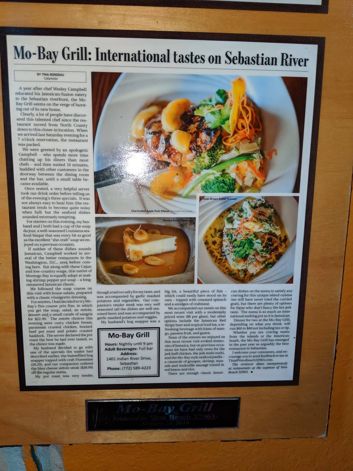 Menu at Mo Bay Grill restaurant, Sebastian