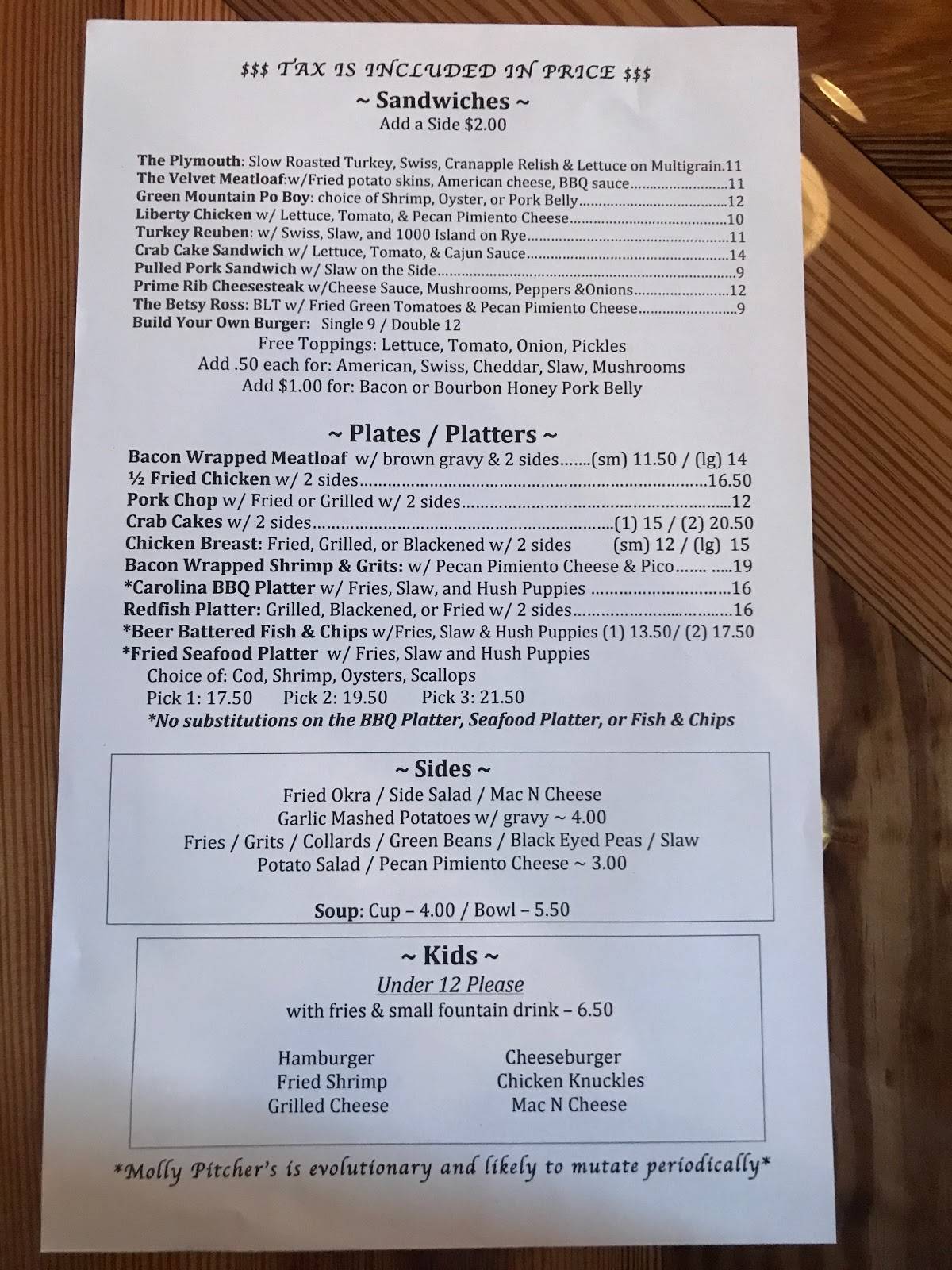 Menu at Molly Pitcher's American Grill restaurant, Wilmington