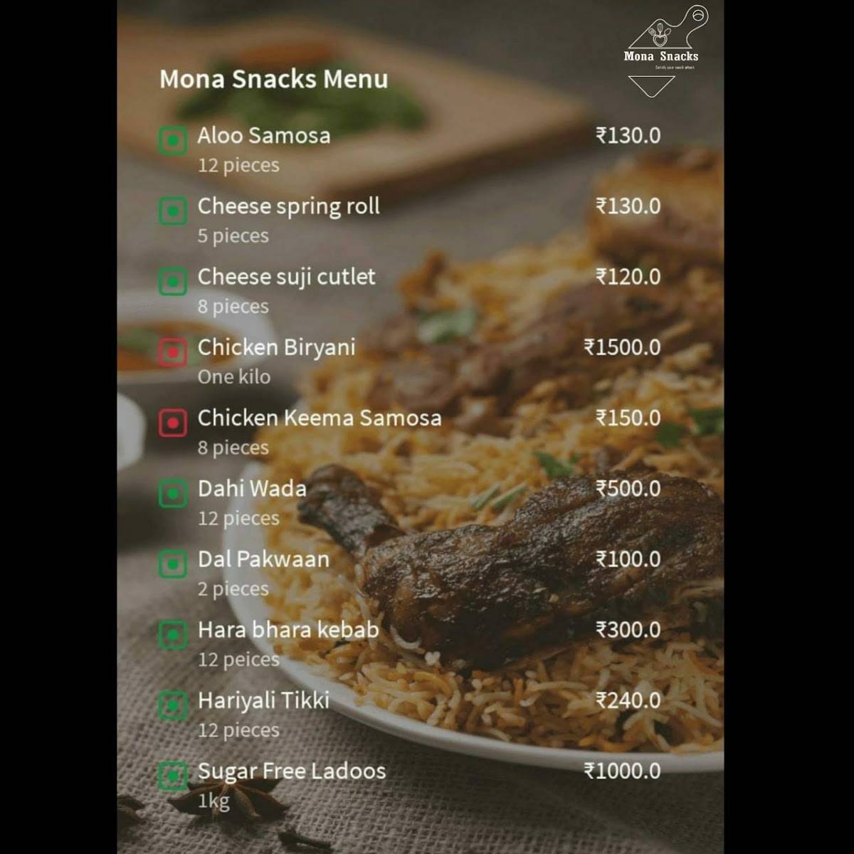 Menu at Mona snacks, Pune