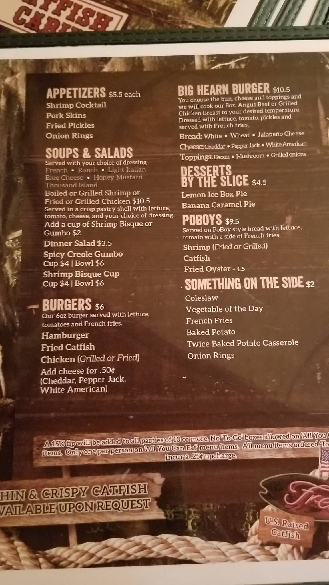 Menu at Catfish Cabin restaurant, Monroe, Louisville Ave