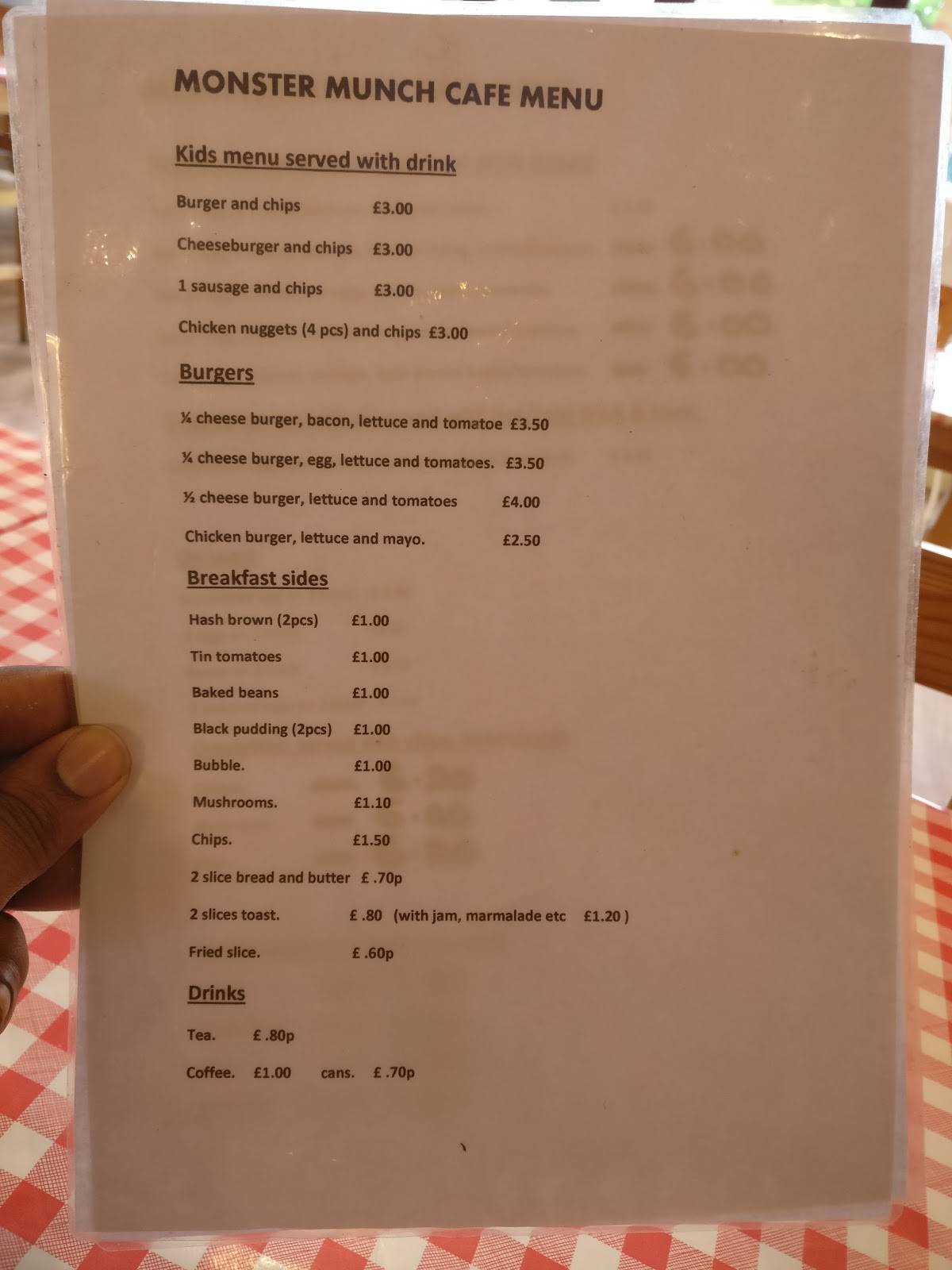 Menu at Monster Munch cafe, London