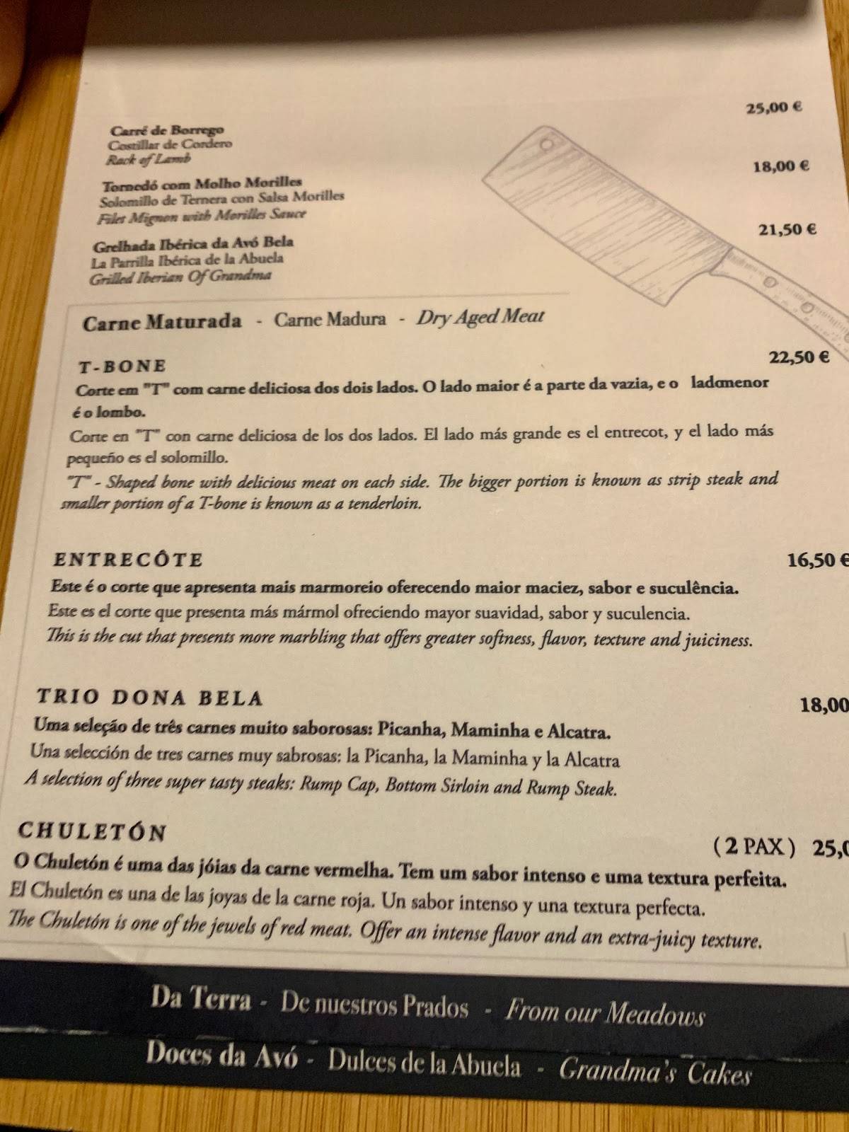 Menu at Dona Bela restaurant, Monte Gordo
