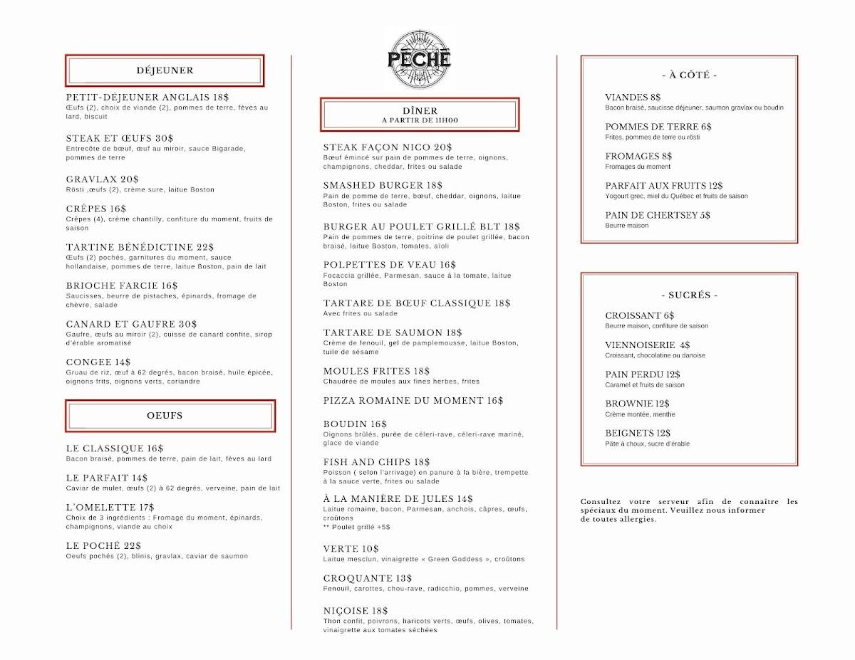 Menu at Péché cafe, Montréal