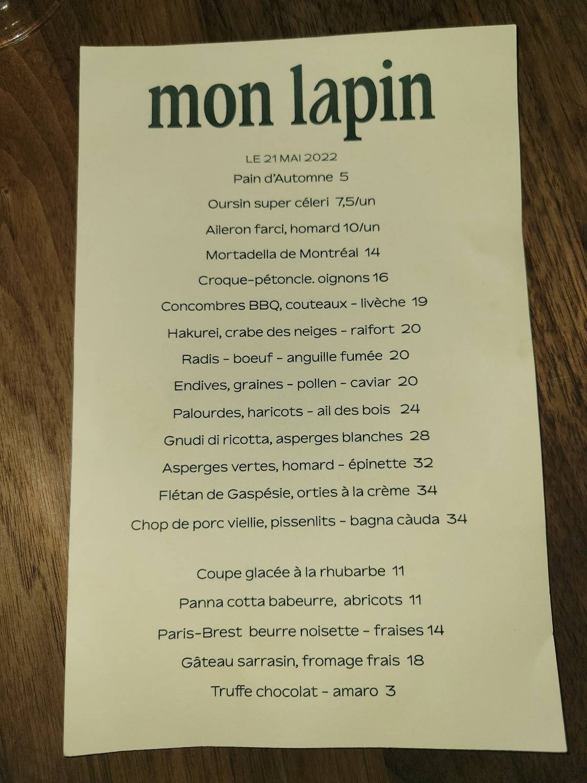Menu Au Mon Lapin Pub Et Bar Montréal