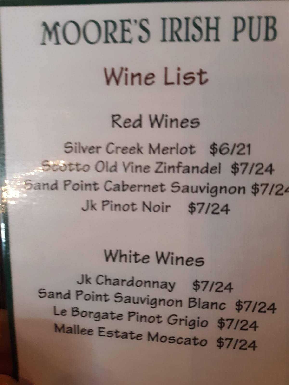 Menu at Moore's Irish Pub, Manitowoc