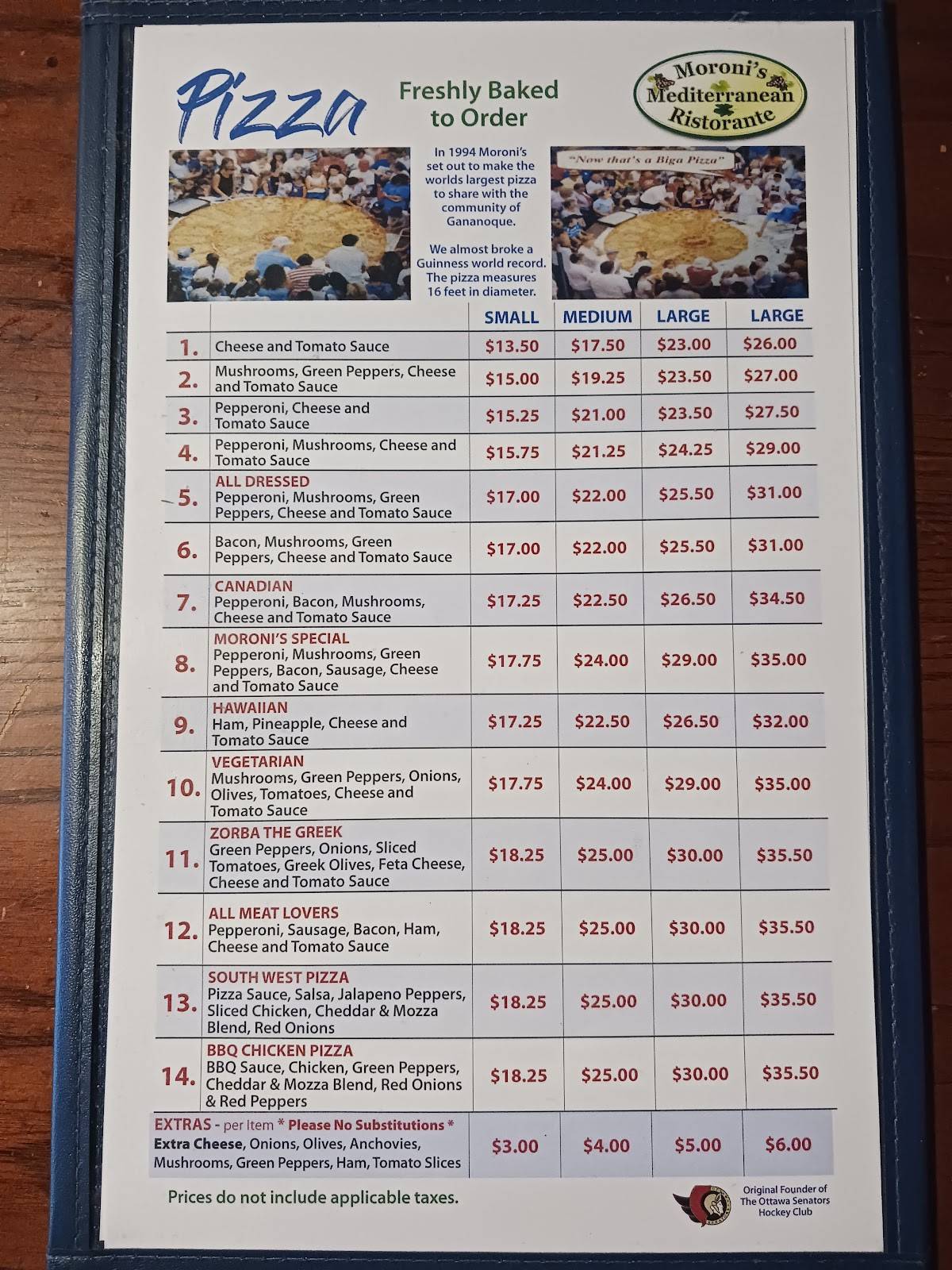 Menu at Moroni's pizzeria, Gananoque