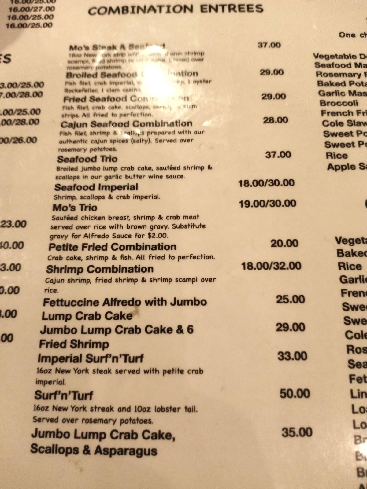Menu at Mo's Seafood restaurant, Towson, E Joppa Rd