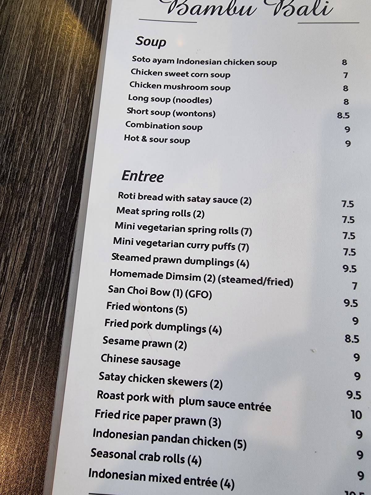 Menu at Bambu Bali restaurant, Mount Evelyn