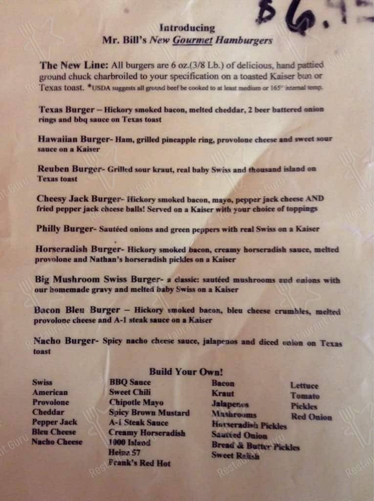 Menu at Mr Bill's Bar & Grill, Quincy