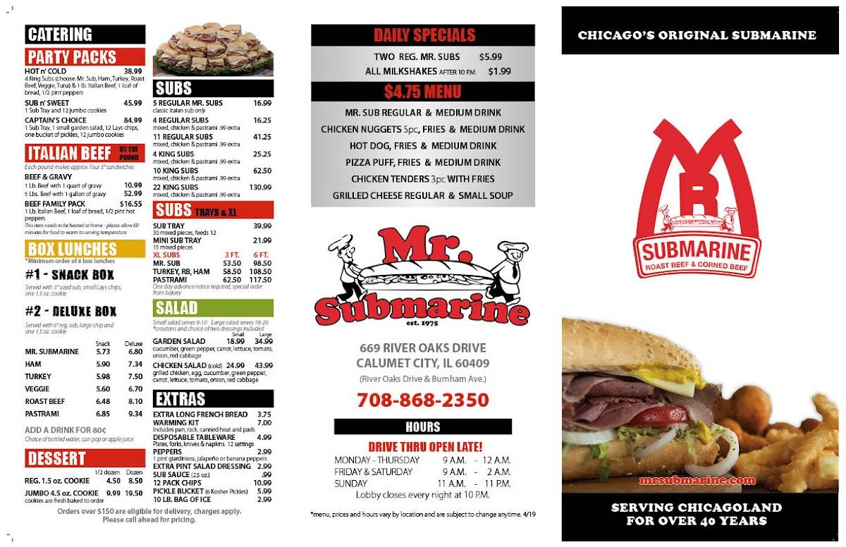 Menu at Mr. Submarine fast food, Calumet City, 669 River Oaks Dr