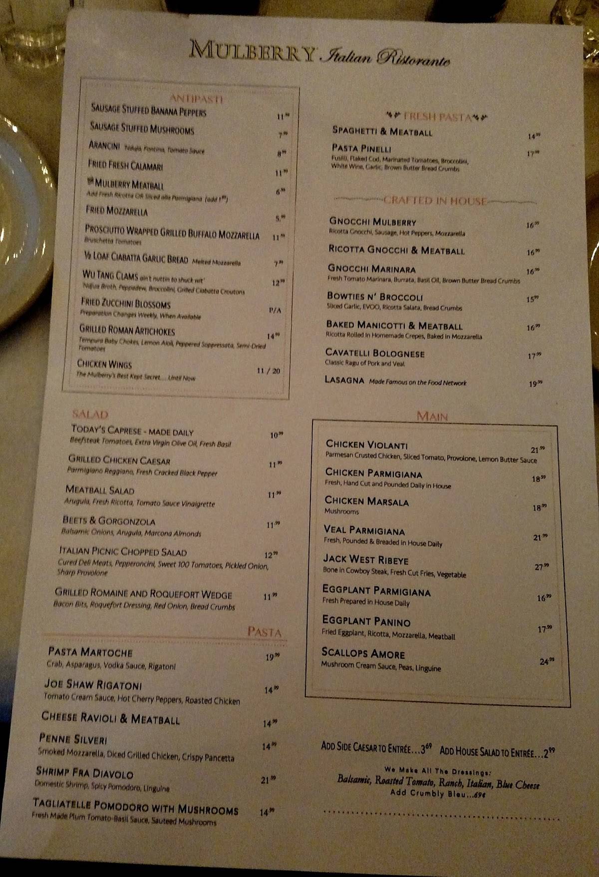 Menu at Mulberry Italian Ristorante pub & bar, Lackawanna