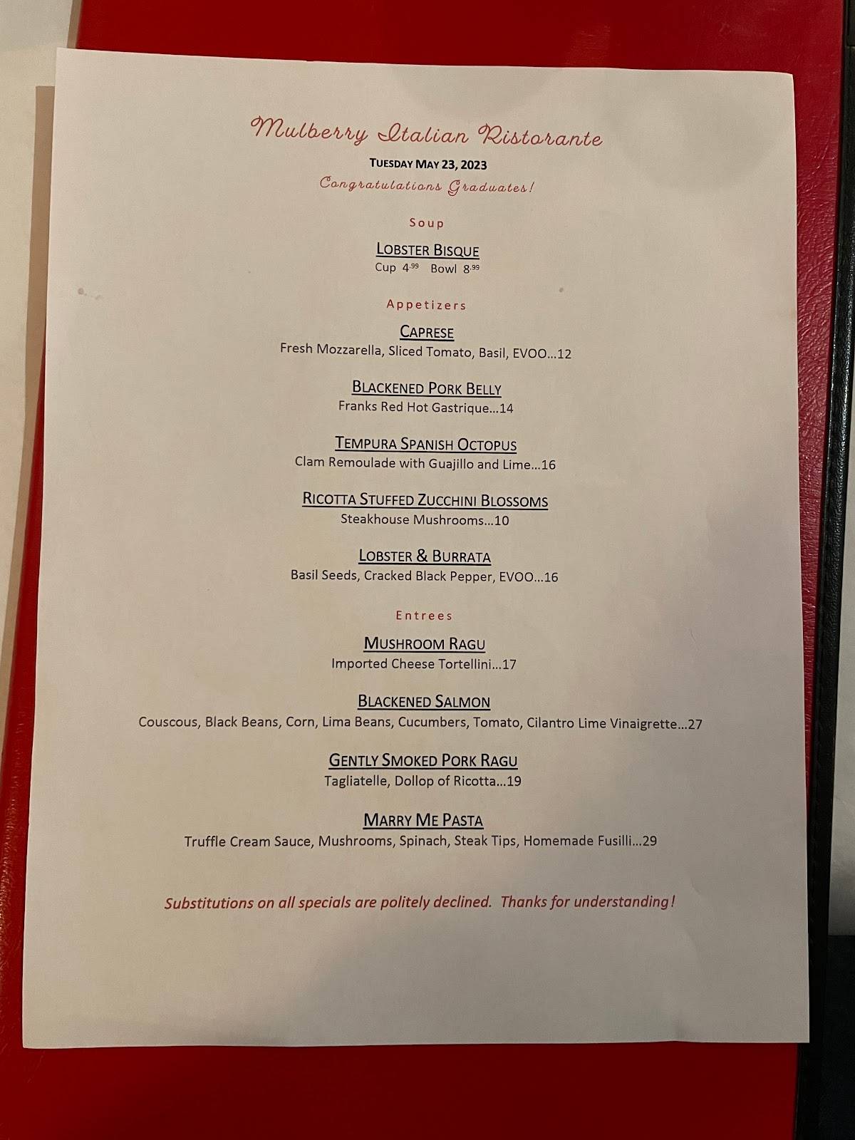 Menu at Mulberry Italian Ristorante pub & bar, Lackawanna