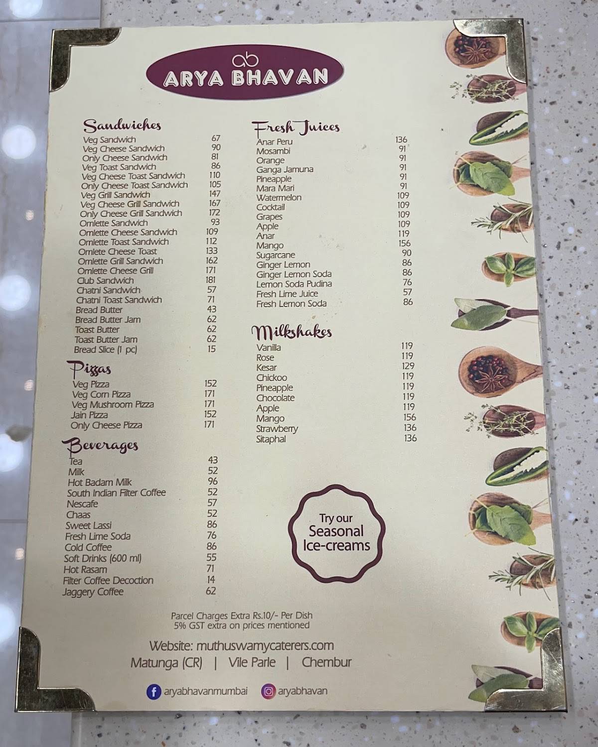 Menu at Arya Bhavan by Muthuswamy Caterers, Chembur, Mumbai, 16th Rd