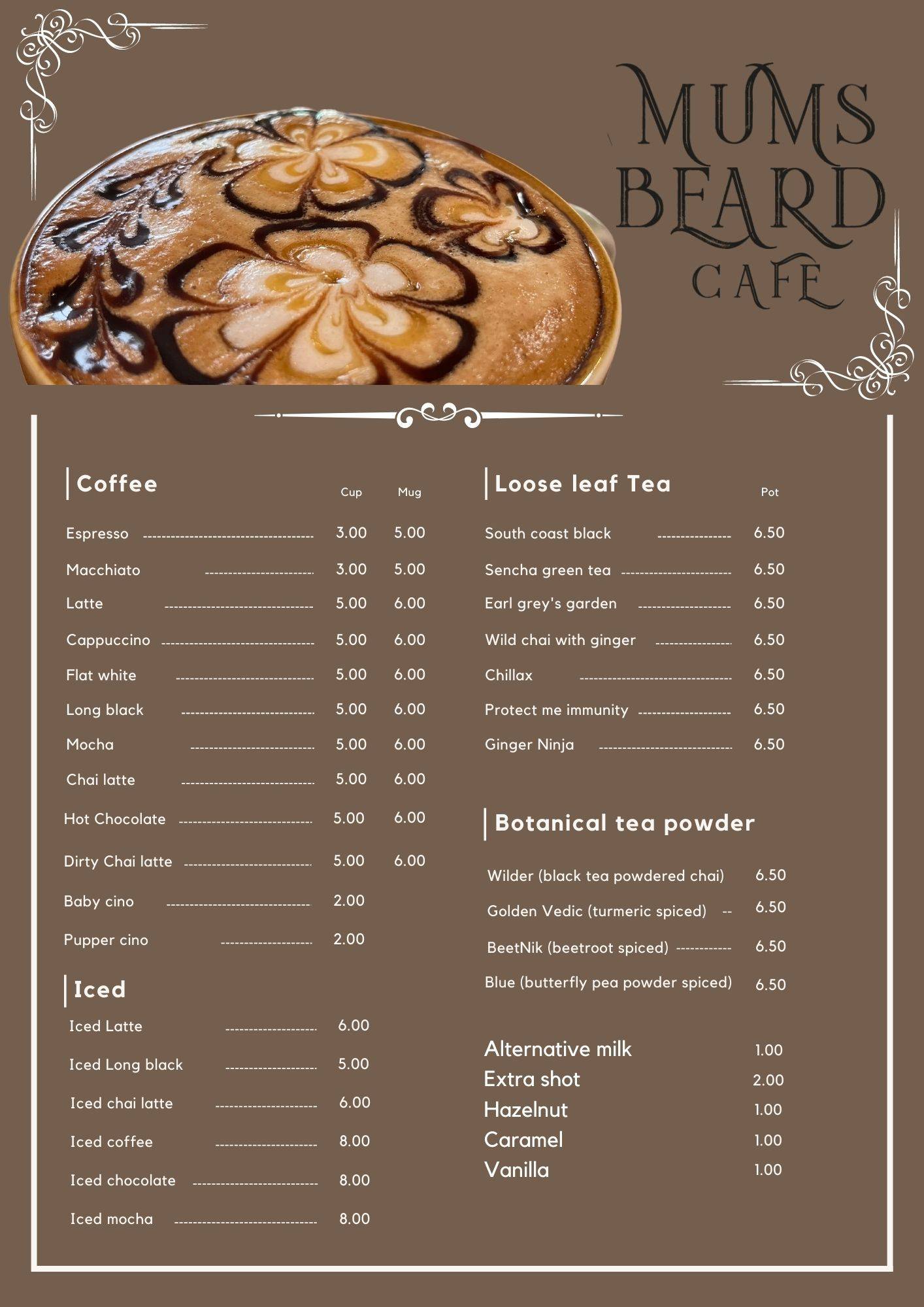 Menu at Mums Beard Cafe, Victor Harbor