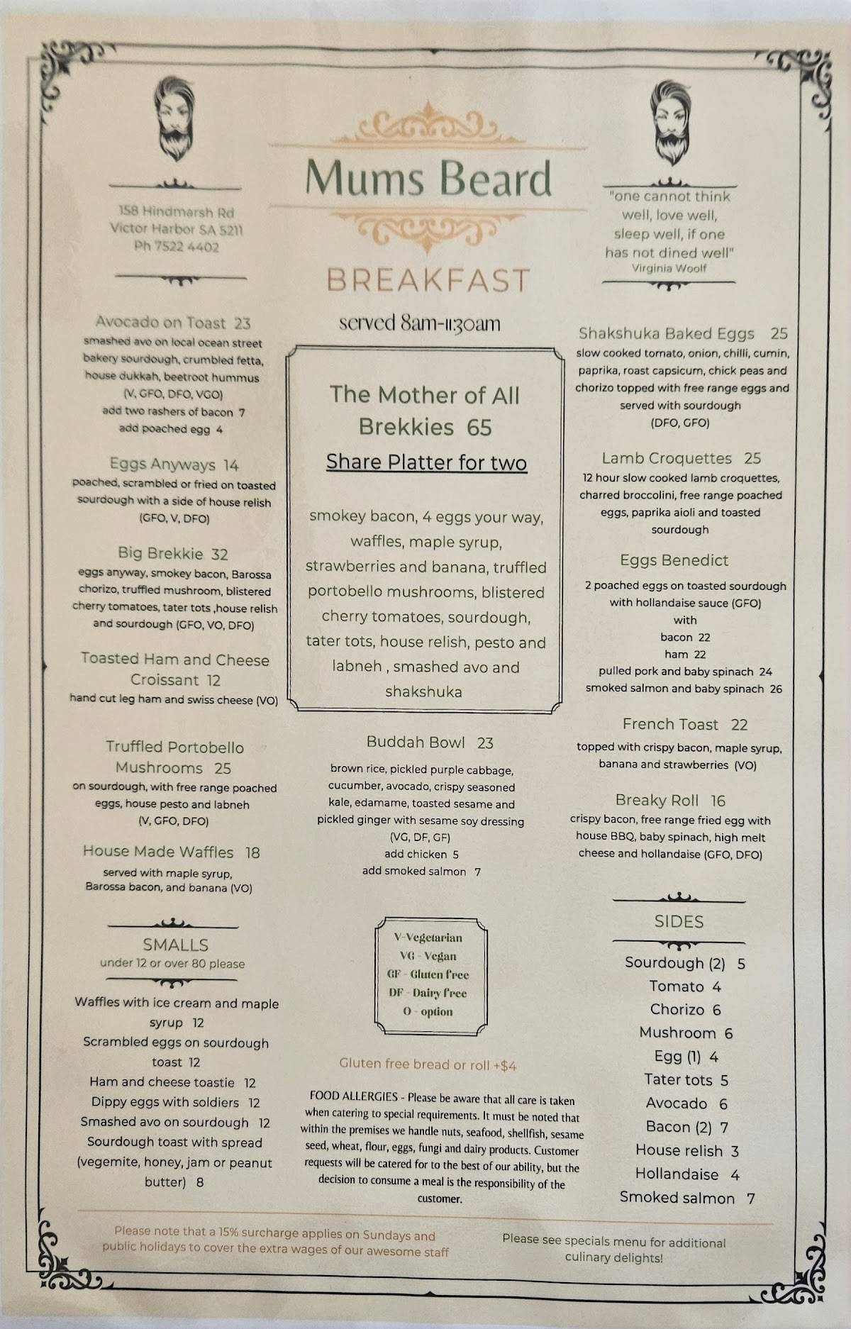 Menu at Mums Beard Cafe, Victor Harbor
