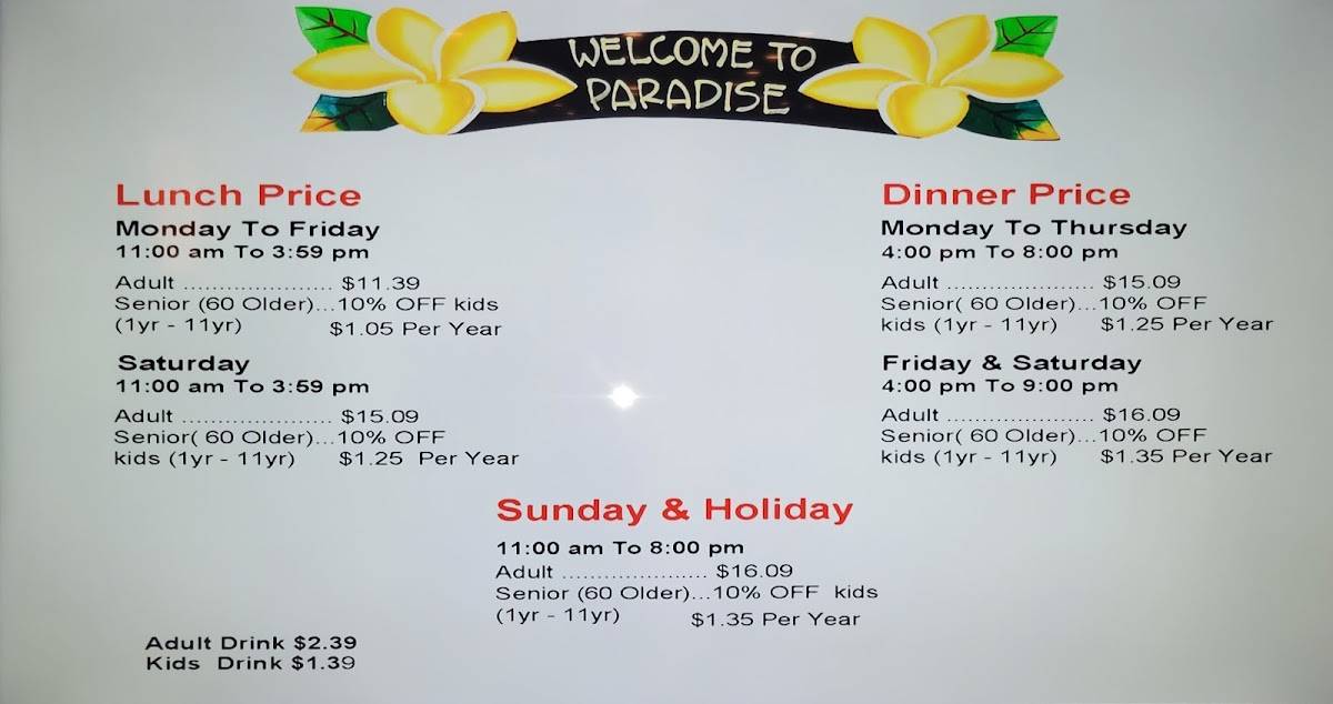 Menu at Paradise Buffet restaurant, Murray