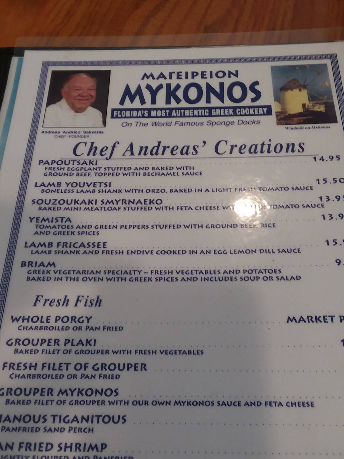 Menu at Mykonos restaurant, Tarpon Springs