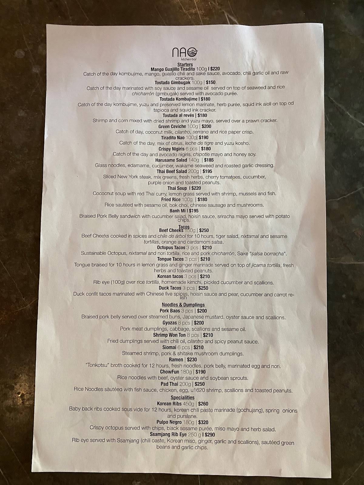 Menu at Nao Kitchen Bar, Mazatlán