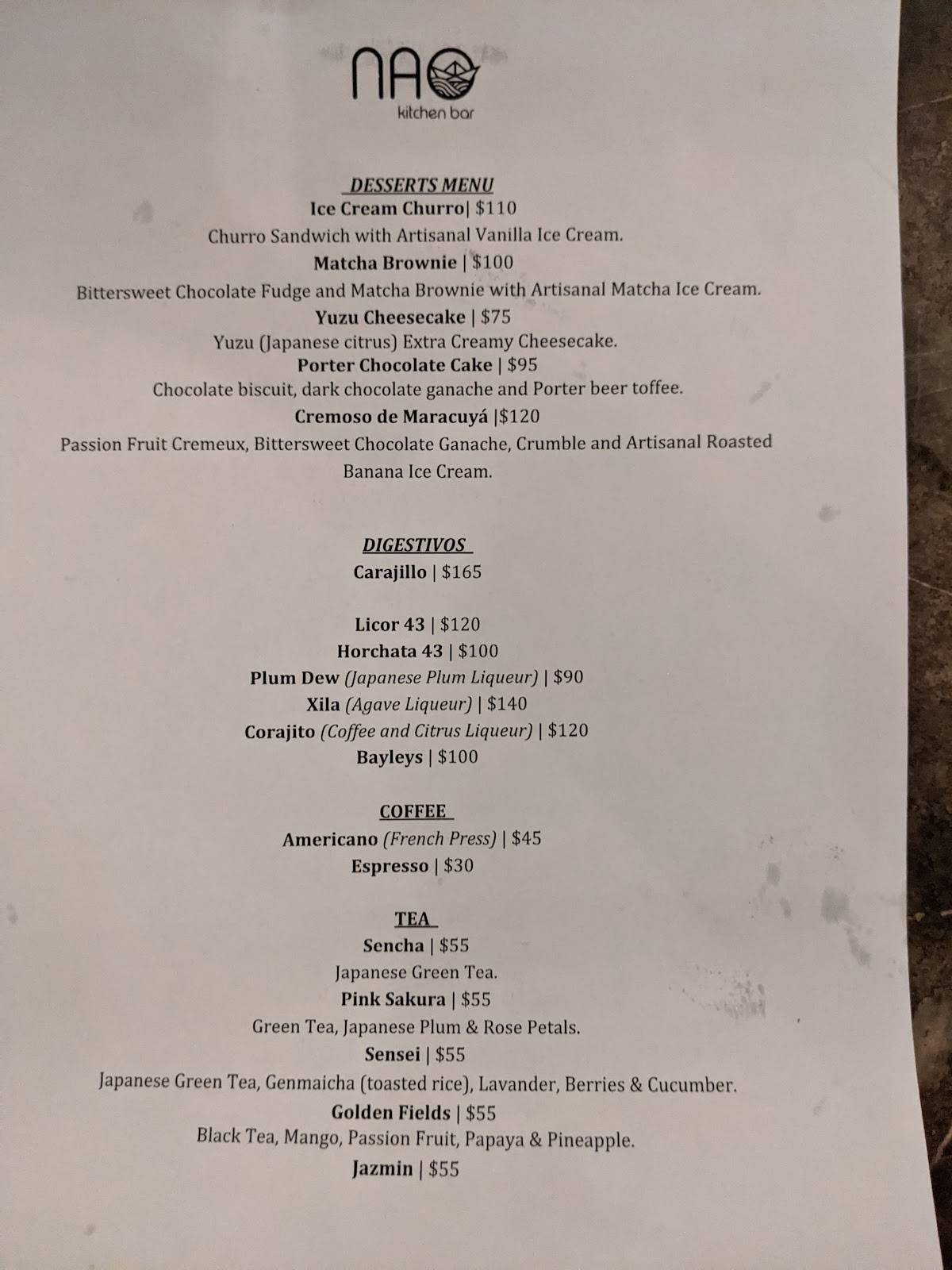 Menu at Nao Kitchen Bar, Mazatlán